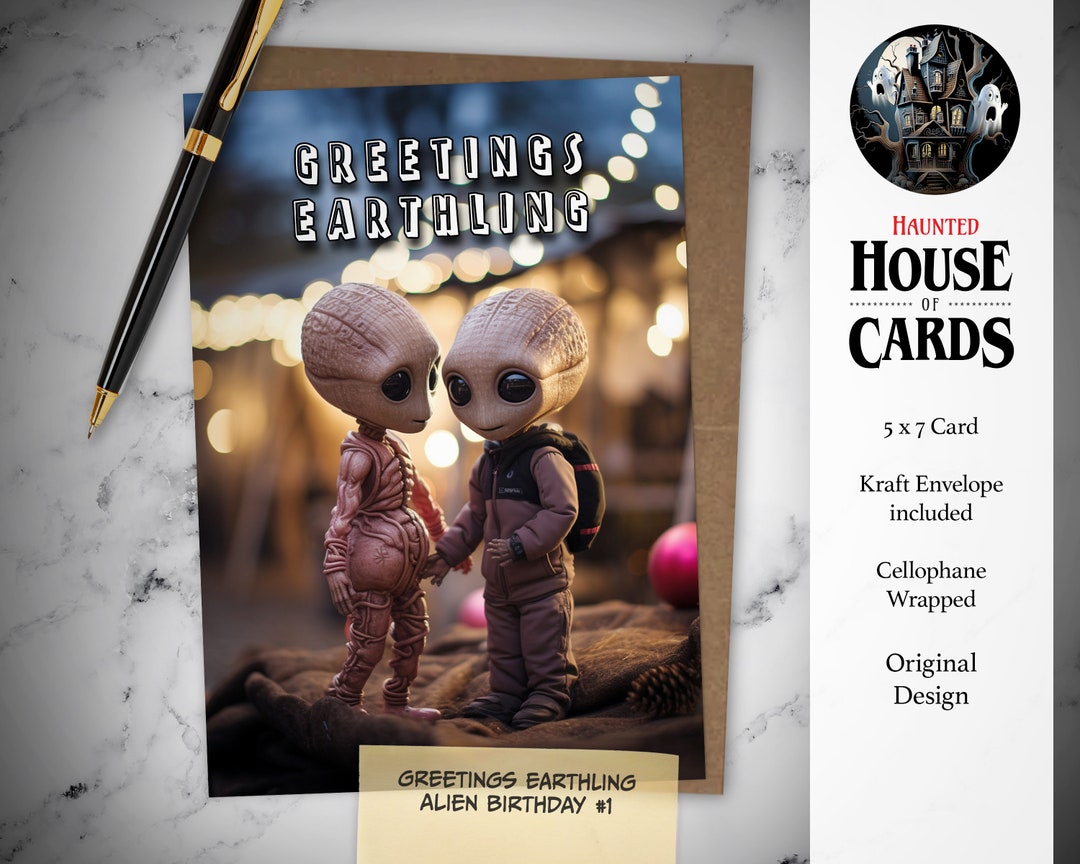 Alien Birthday Card, Greetings Earthling, Cute, Funny, UFO, UAP, Grey ...