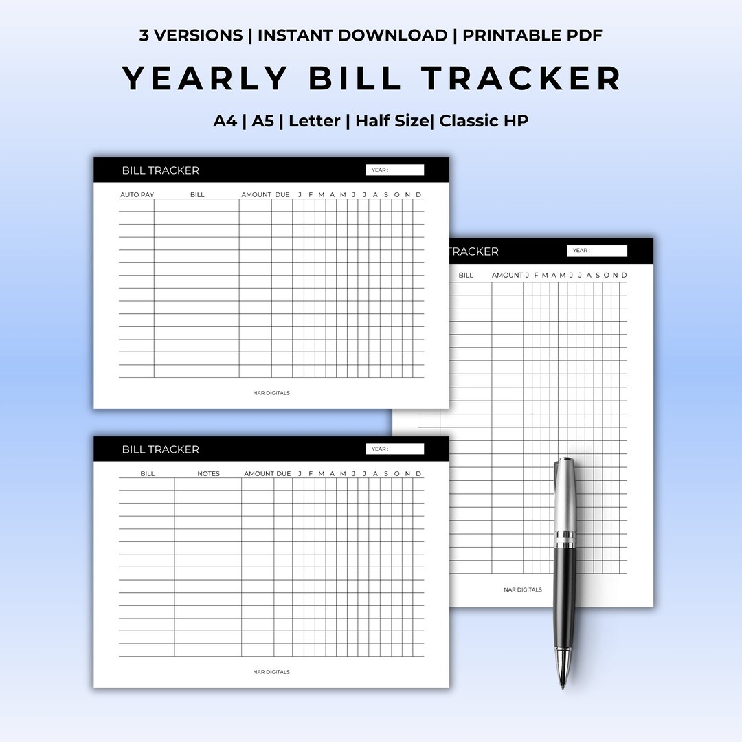 Yearly Bill Tracker Printable Landscape Credit Card Finance Bill ...