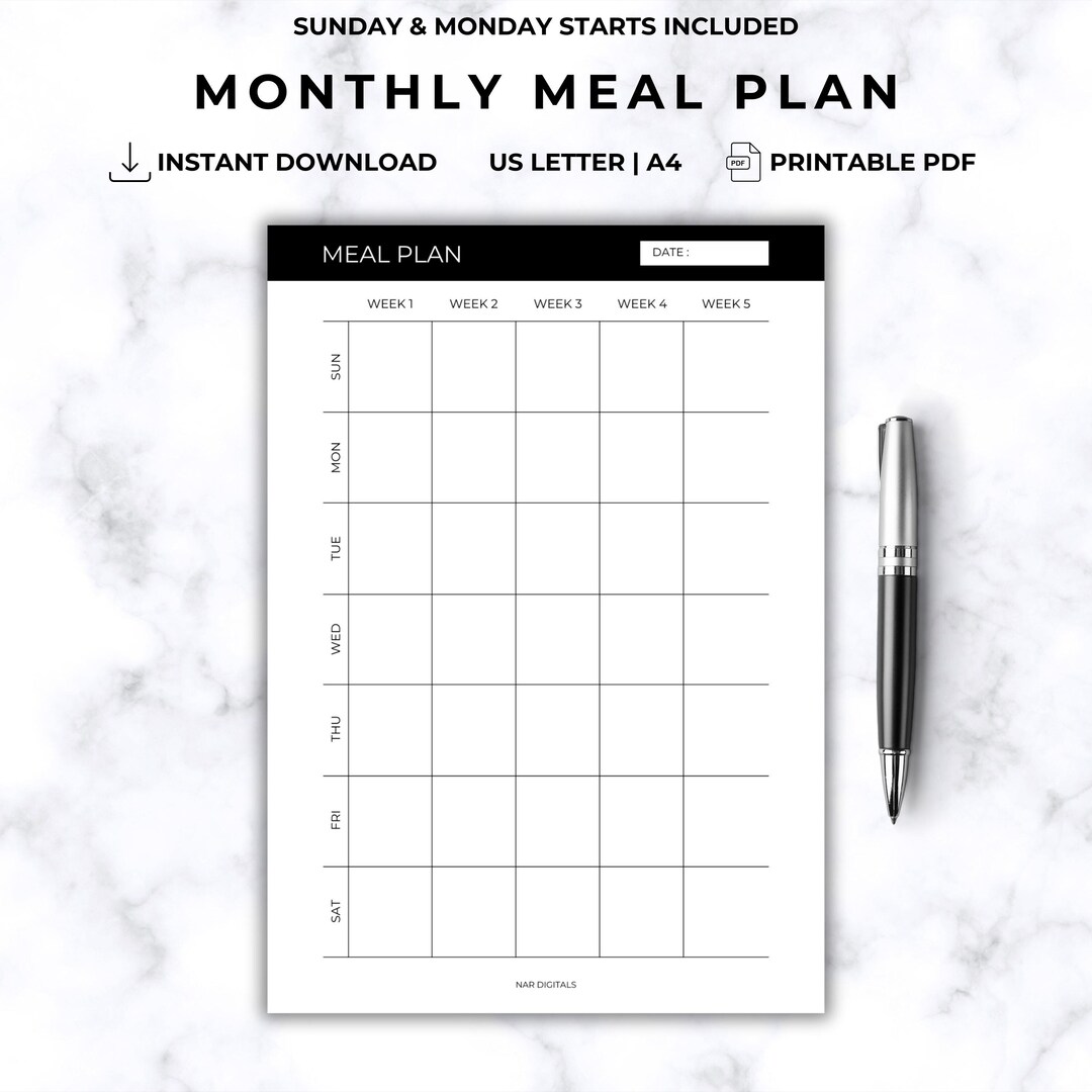 Monthly Meal Plan Meal Calendar Meal Prep Food Planner Meal Schedule ...