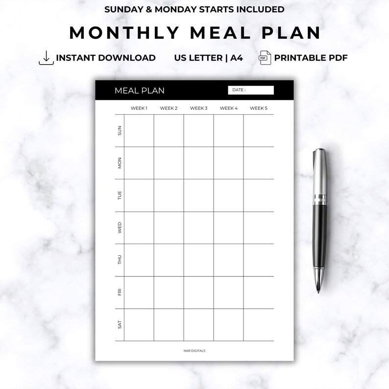 Monthly Meal Plan Meal Calendar Meal Prep Food Planner Meal Schedule ...