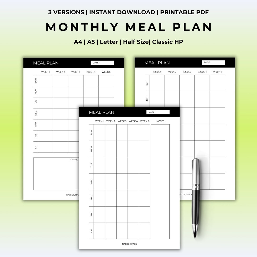 30 Day Menu Printable Planner Monthly Meal Prep Planner Food Diary ...
