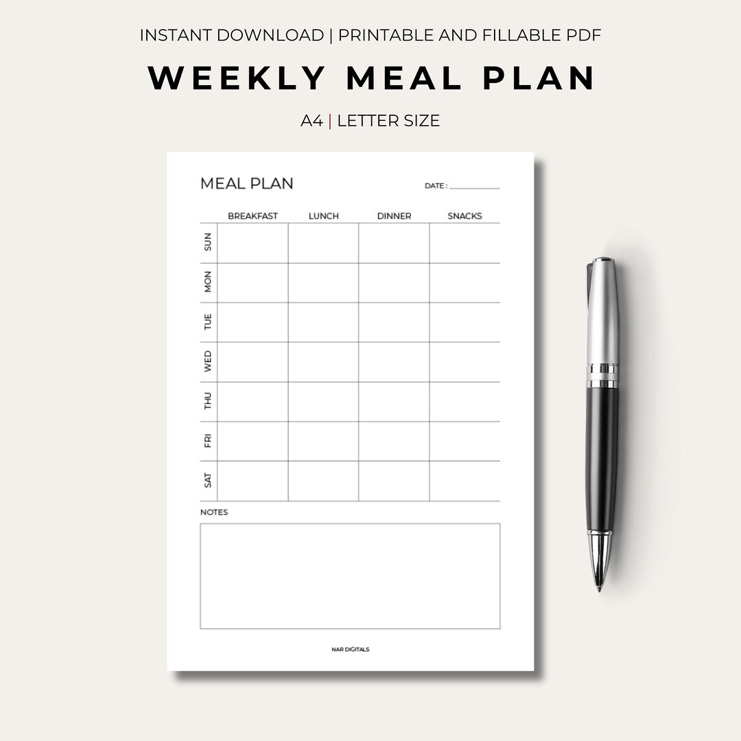 7 Day Food Menu Planner Printable Weekly Family Meal Prep Planner ...