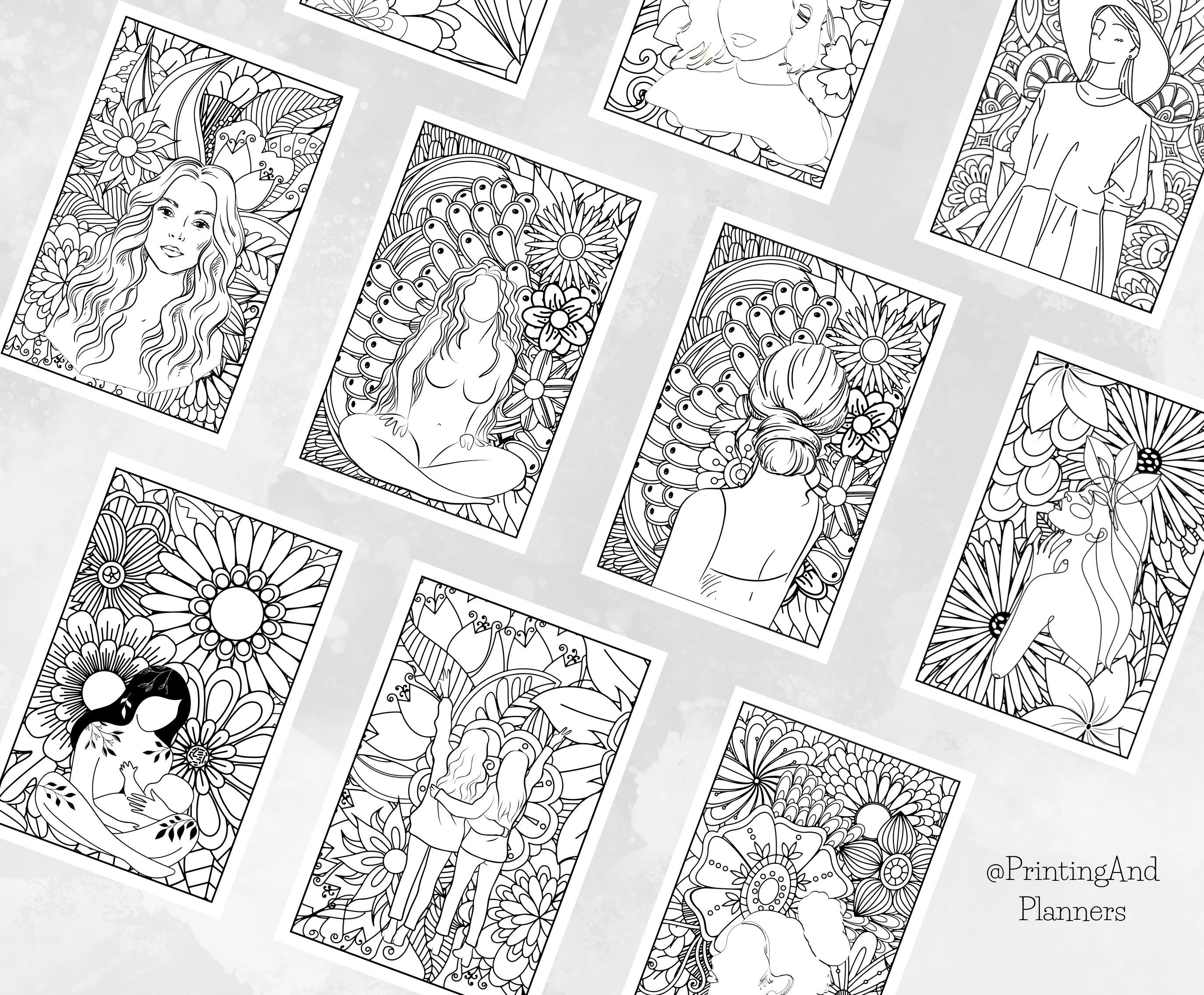 Printable Adult Colouring Pages With Women and Floral Background for ...