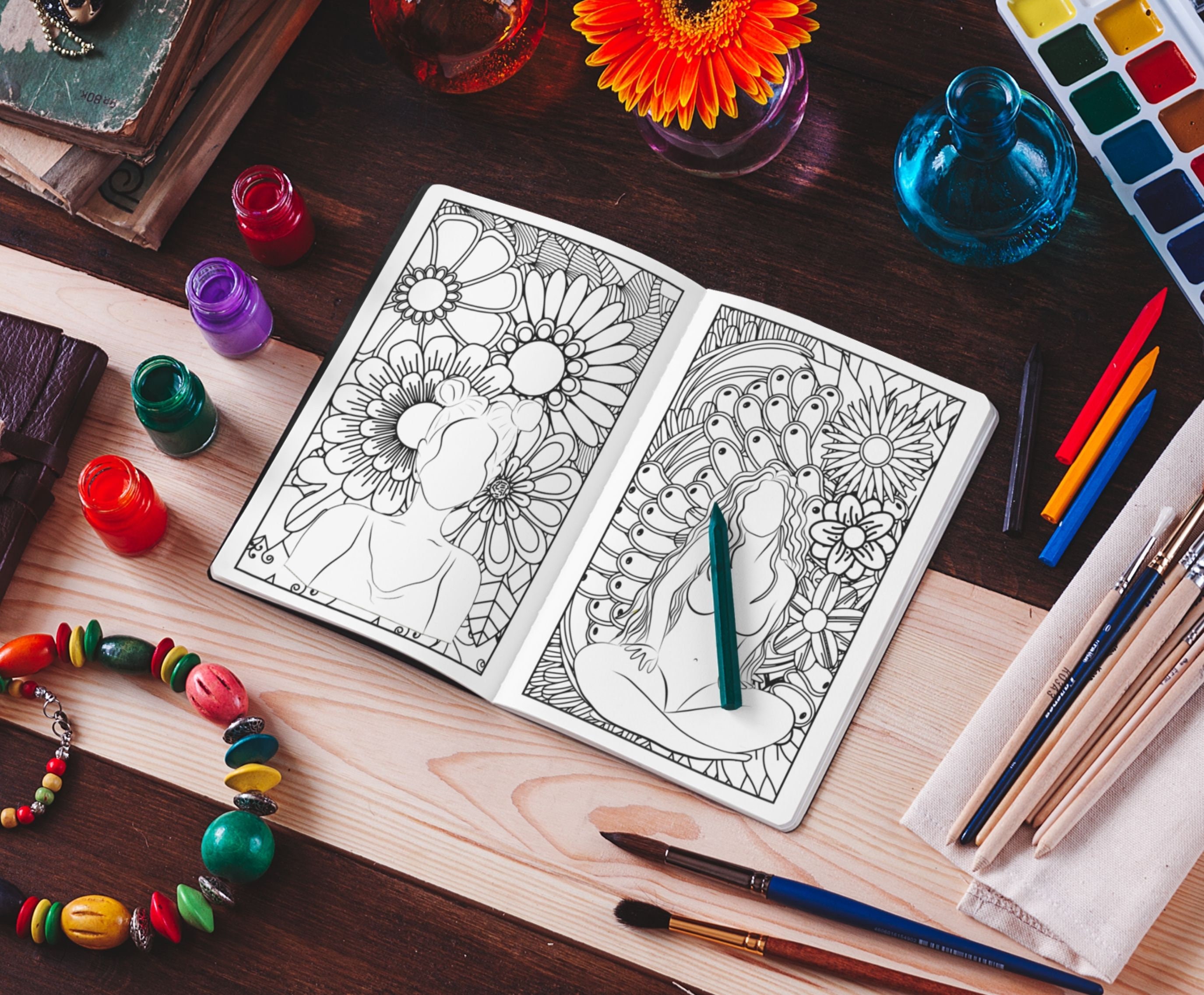 Printable Adult Colouring Pages With Women and Floral Background for ...