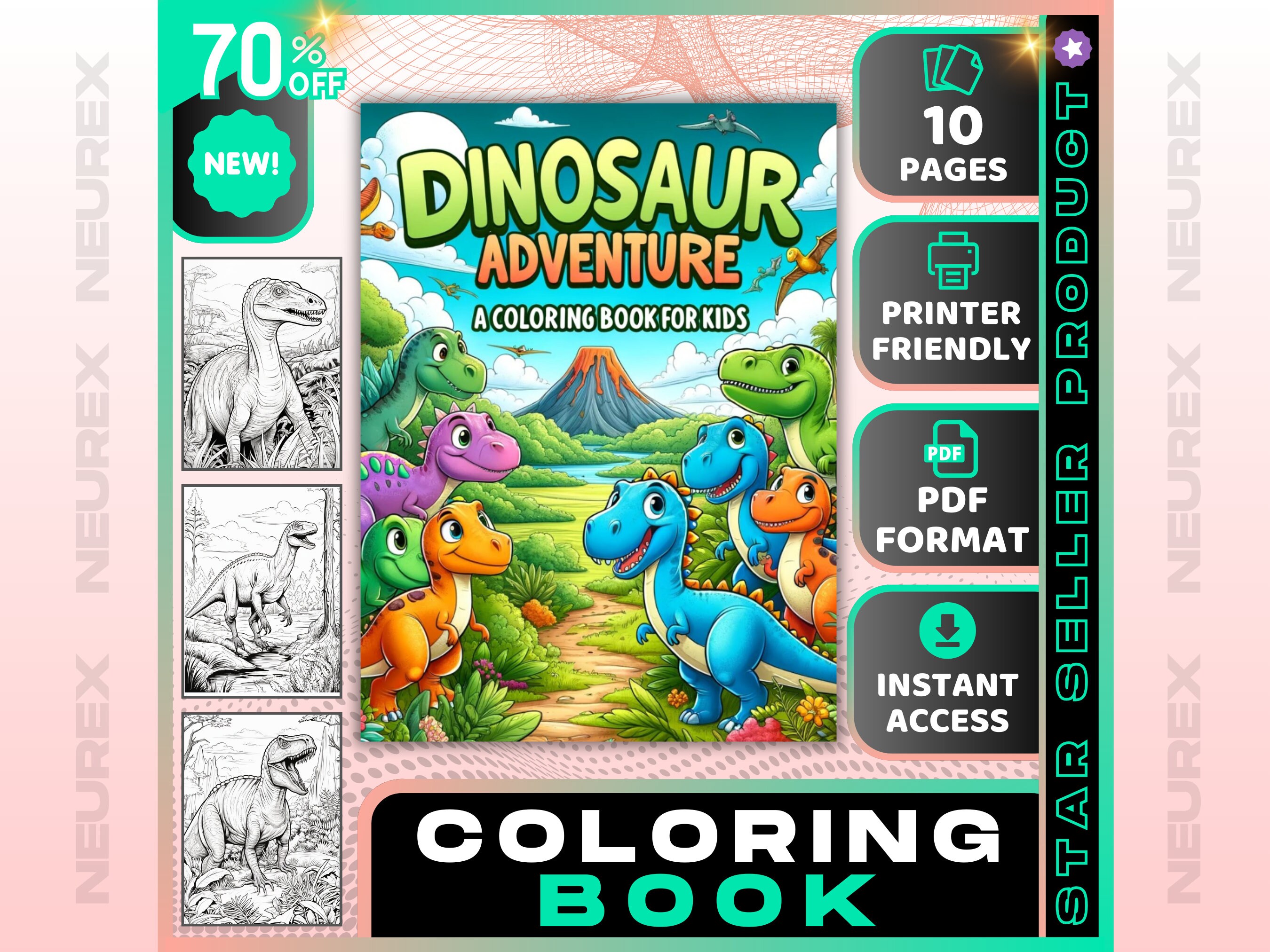 Dinosaur Coloring Book, Jurassic Adventure, Discover Prehistoric ...