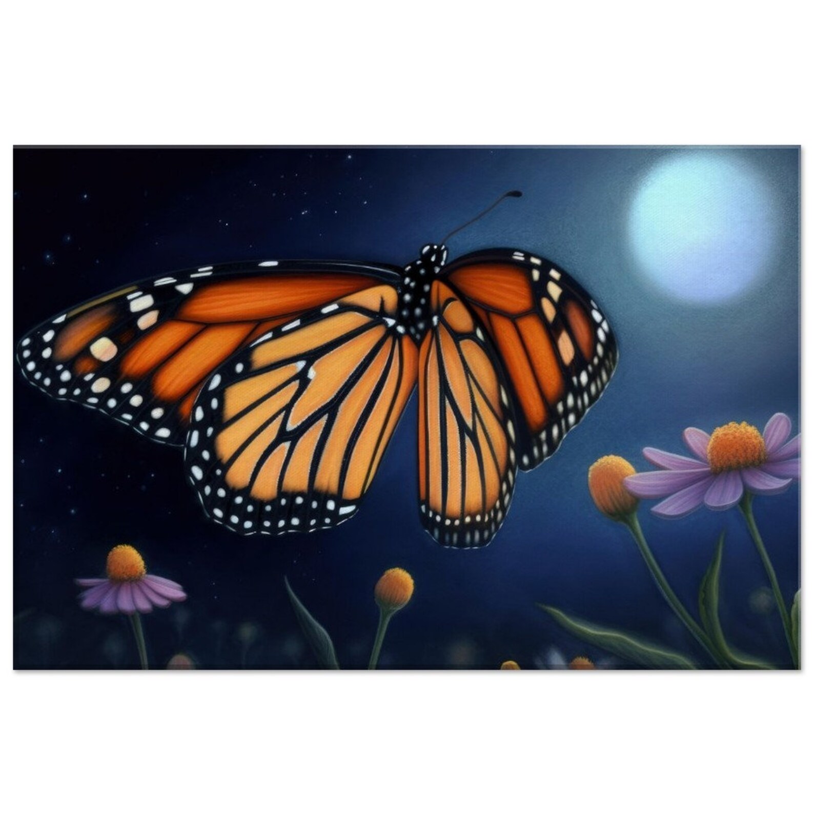 Monarch Butterfly & Purple Flowers Moonlit Night Canvas Wall Art, Moon ...