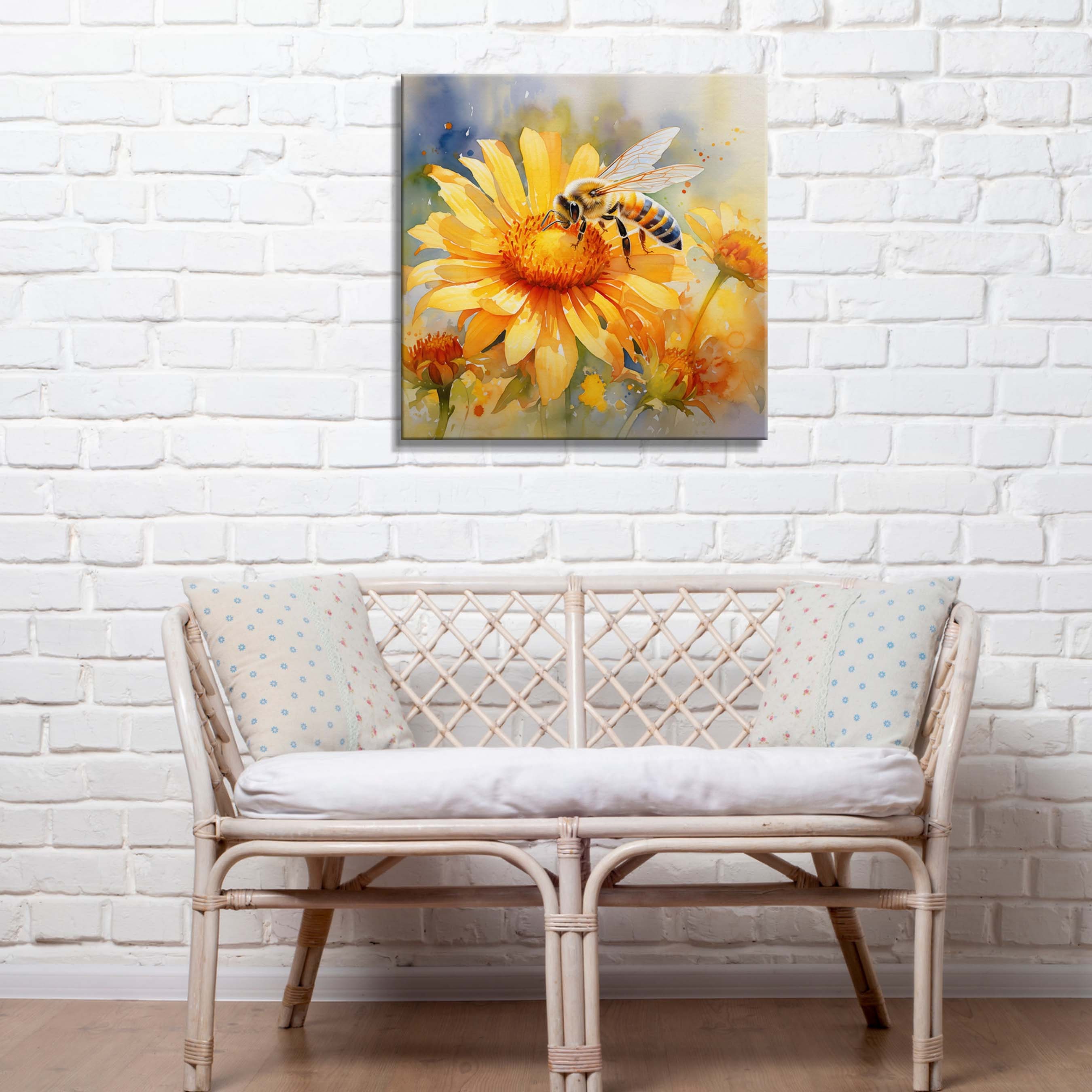 Sunflower and Bee Canvas Art Print: Pollination Scene, Floral Home ...