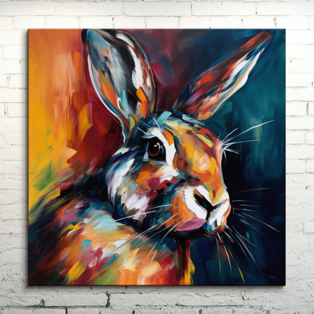 Whimsical Rabbit Canvas Wall Art, Colorful Hare Abstract Oil Painting ...