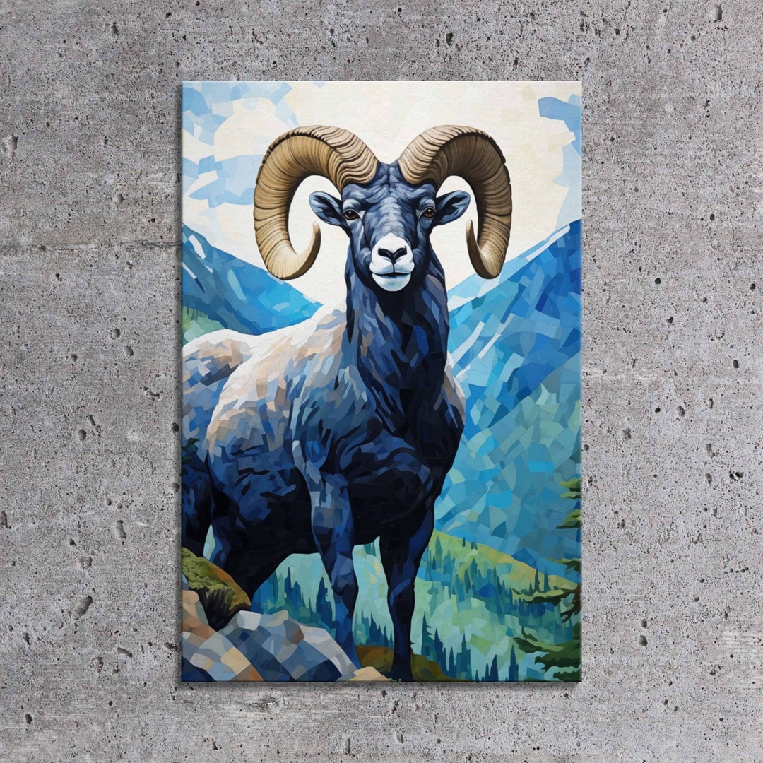 Abstract Bighorn Ram Canvas Art Blue Mountain Wall Decor, Wildlife ...