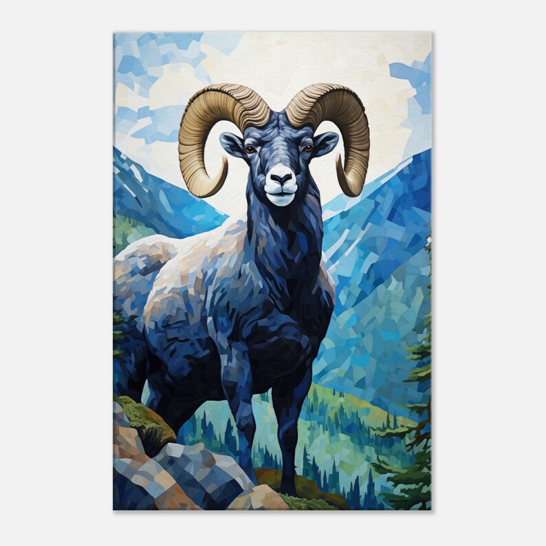 Abstract Bighorn Ram Canvas Art Blue Mountain Wall Decor, Wildlife ...