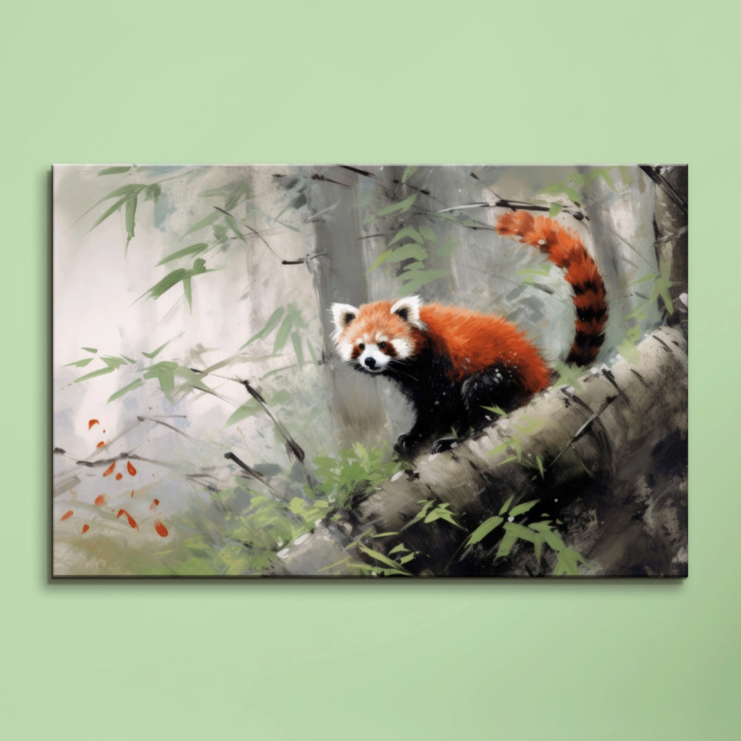 Red Panda in Forest Habitat, Poetic Landscape Painting, Vibrant Artwork ...