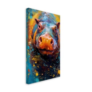 Hippopotamus Close-up, Vibrant Aquatic Hues Oil Style Painting Canvas ...