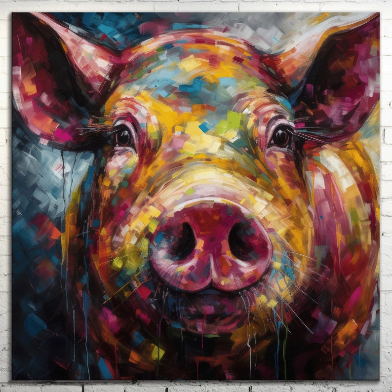Mesmerizing Pig Canvas Wall Art, Closeup Bright Colorful Animal ...