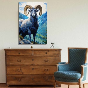 Abstract Bighorn Ram Canvas Art Blue Mountain Wall Decor, Wildlife ...