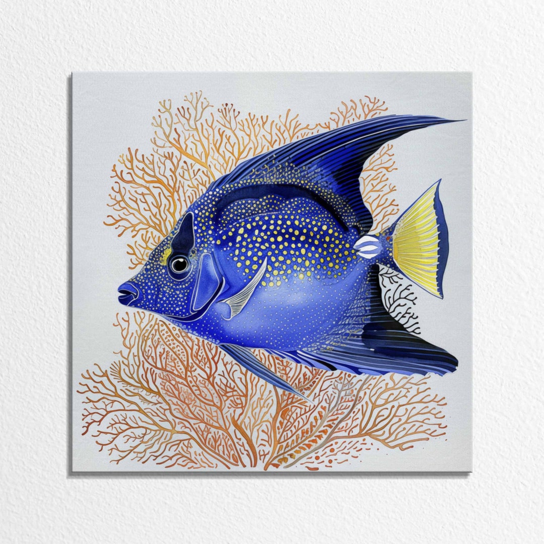 Blue Saltwater Fish Coral Reef Wall Art, Nautical Coastal Living Room ...