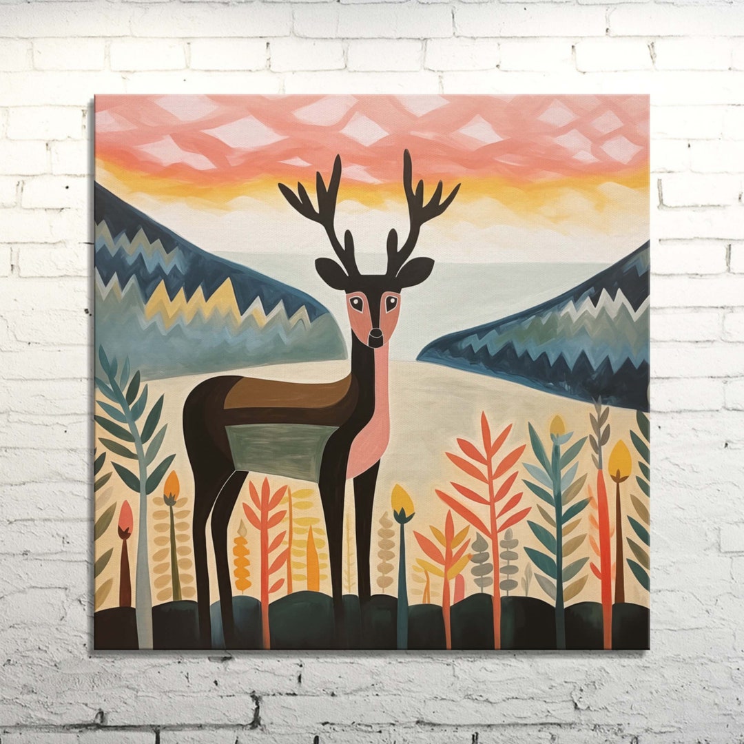 Boho Chic Deer Canvas Rustic Wildlife Wall Art Print, Colorful ...