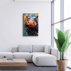 Hippopotamus Close-up, Vibrant Aquatic Hues Oil Style Painting Canvas ...