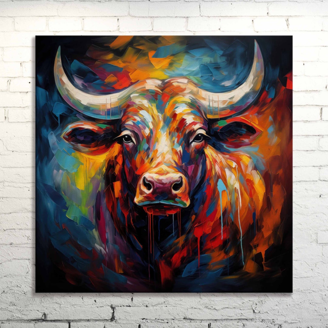 Fiery Bull Portrait in Vibrant Colors Captivating Canvas Art Print ...