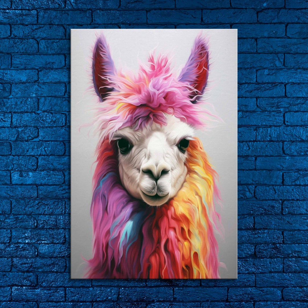 Colorful Alpaca Canvas Wall Art Print, Whimsical Alpaca Portrait, Llama ...