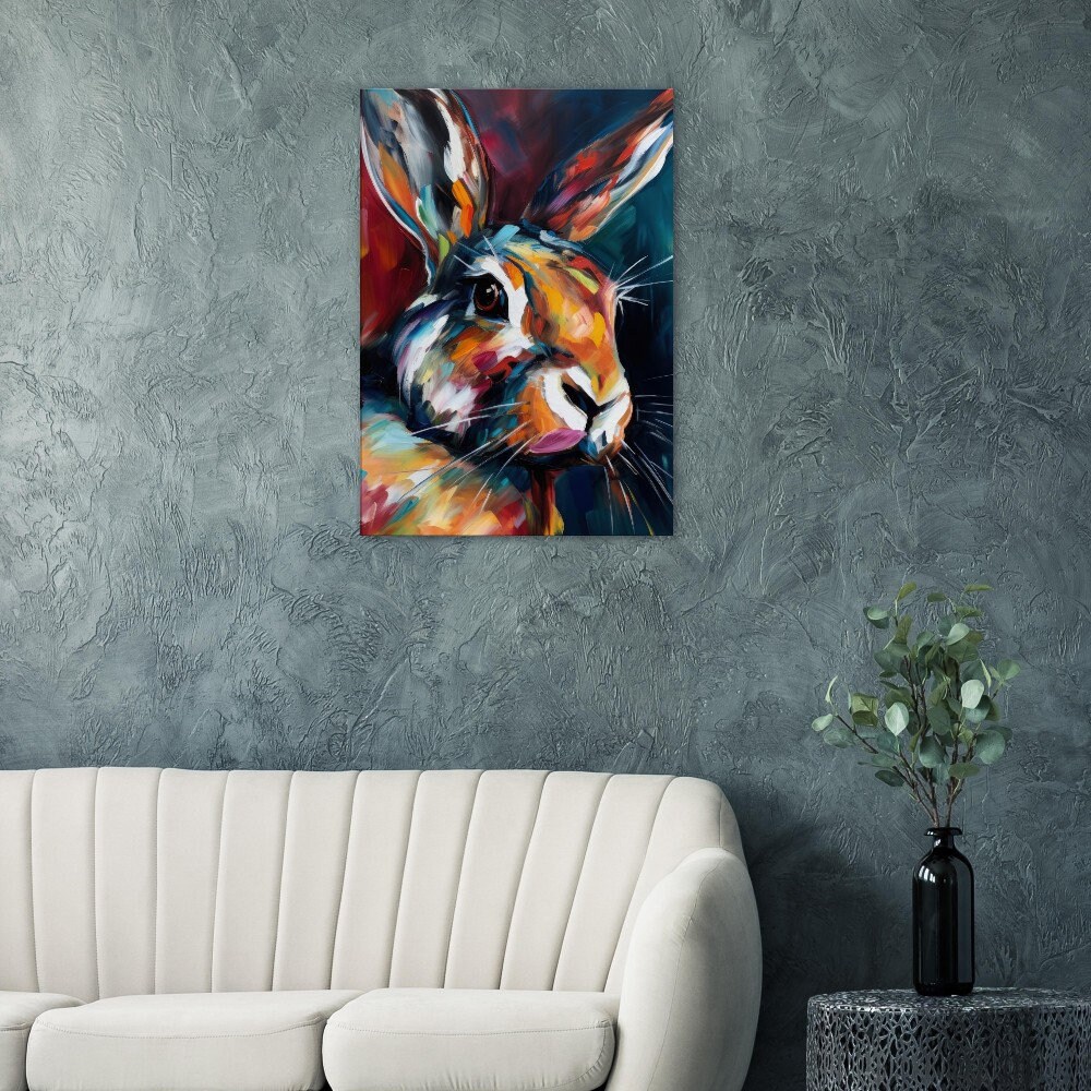 Whimsical Rabbit Canvas Wall Art, Colorful Hare Abstract Oil Painting ...