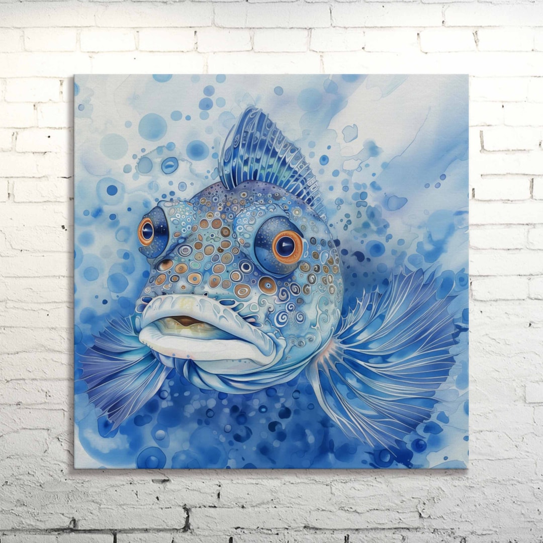 Whimsical Blue Fish Canvas Print Wall Art, Abstract Surreal Aquatic ...