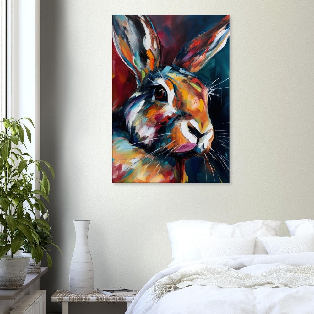 Whimsical Rabbit Canvas Wall Art, Colorful Hare Abstract Oil Painting ...