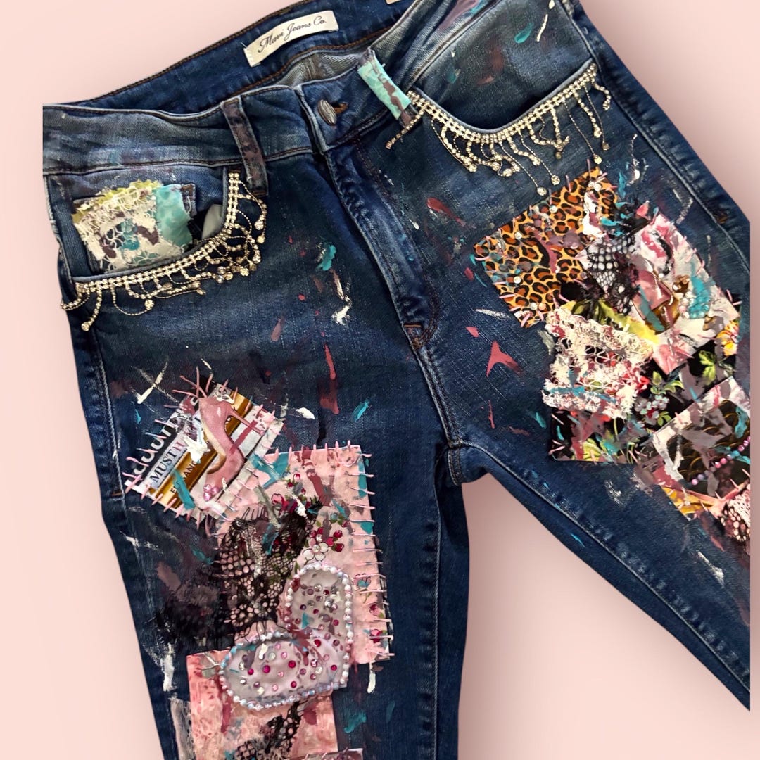 Custom Upcycled & Redesigned Statement High Rise Skinny Jeans. Hand ...