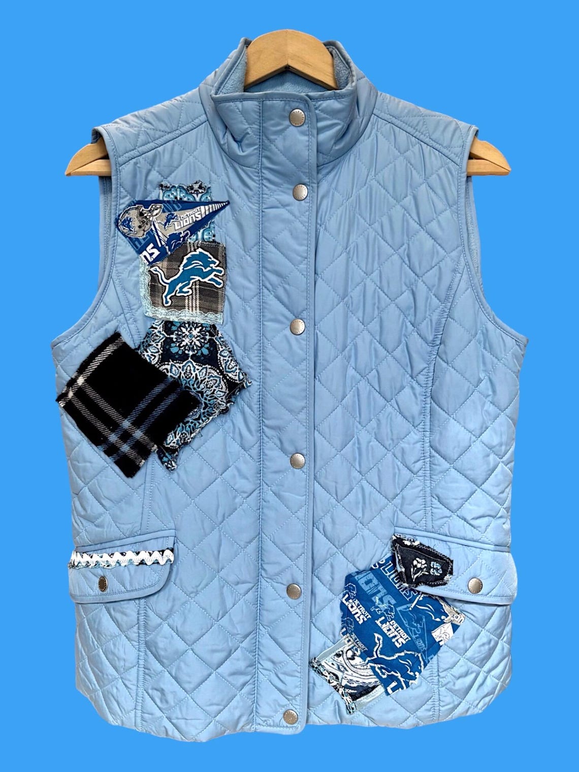 Custom Detroit Lions Hand Sewn Patchwork Refashioned Blue Puffer Game ...
