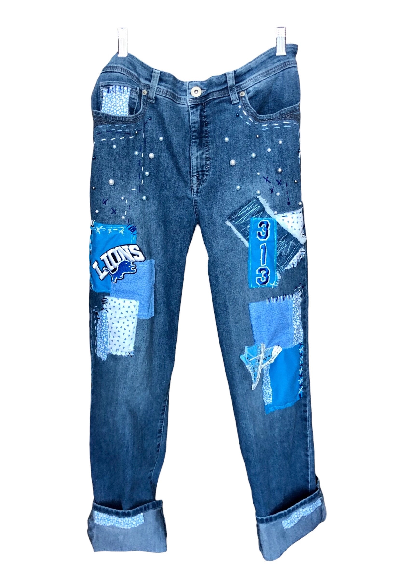 Detroit Lions Custom Redone Straight Leg Hand Patchework, Hand ...