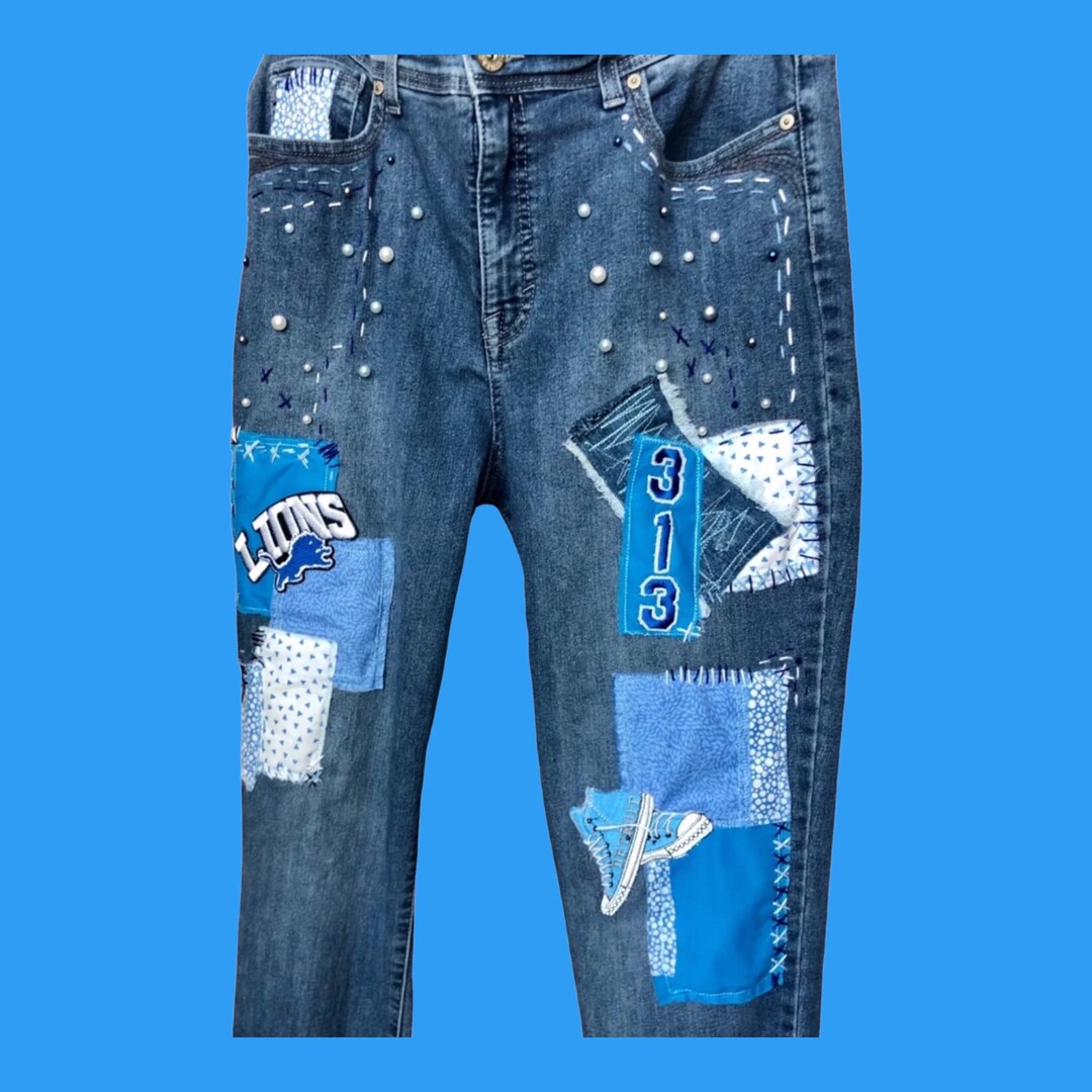 Detroit Lions Custom Redone Straight Leg Hand Patchework, Hand ...