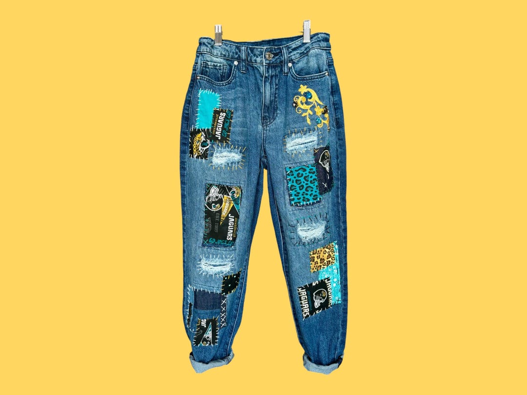 Custom Jacksonville Jaguars Boyfriend Fit Patchwork Game Day Jeans ...