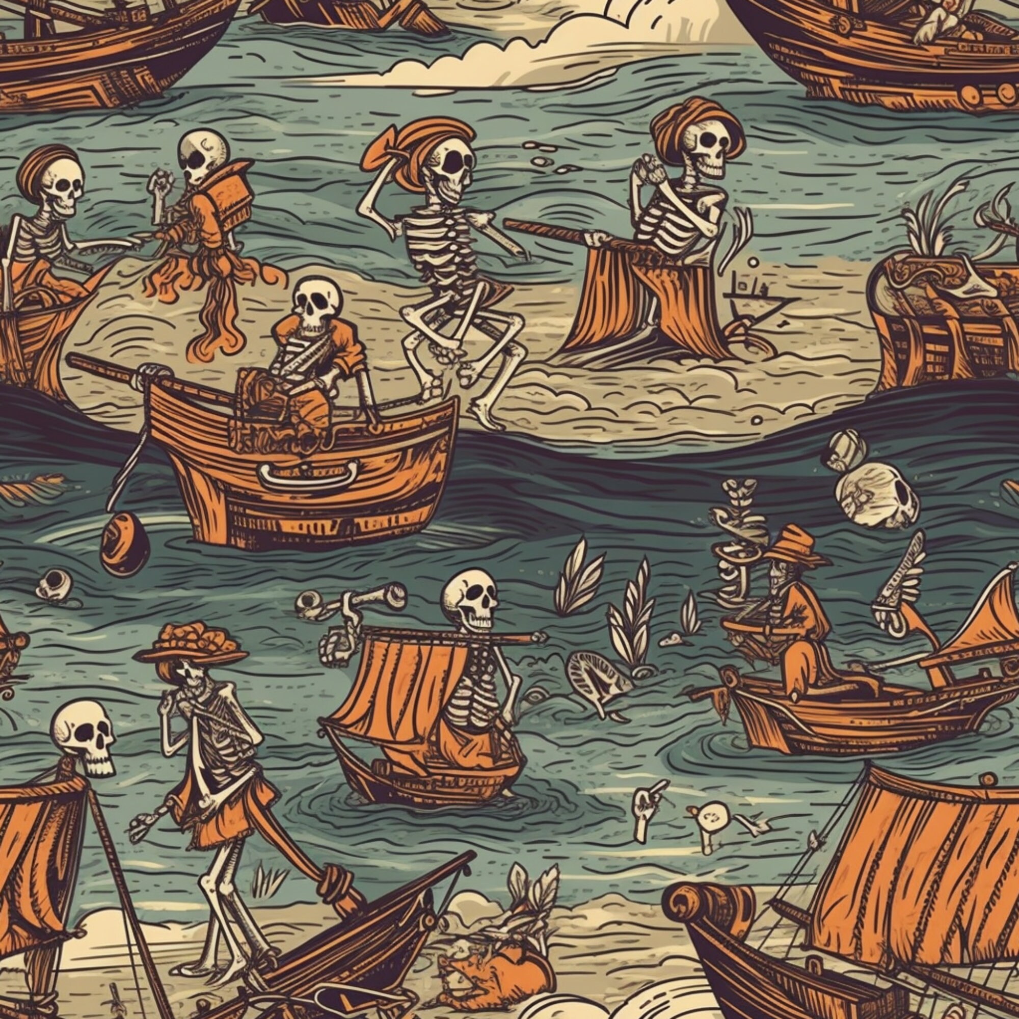 Skeleton Pirates on a Beach, Seamless Pattern, Commercial Use, Vibrant ...
