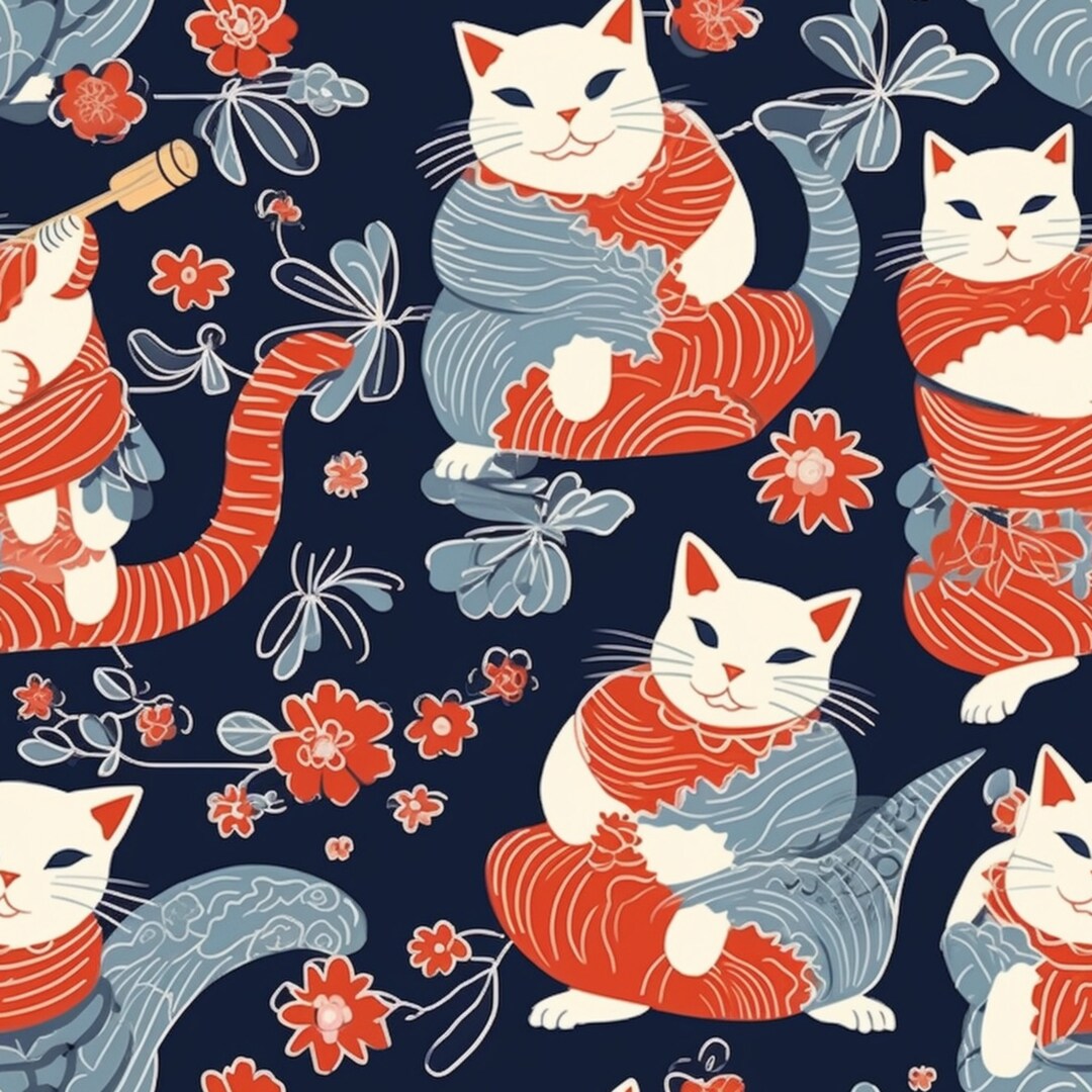 Japanese Cats Playing With Yarn, Seamless Pattern, Commercial Use ...
