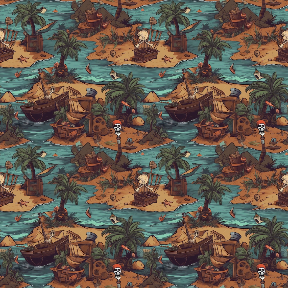 Pirates Treasure Island, Seamless Pattern, Commercial Use, Cartoon ...