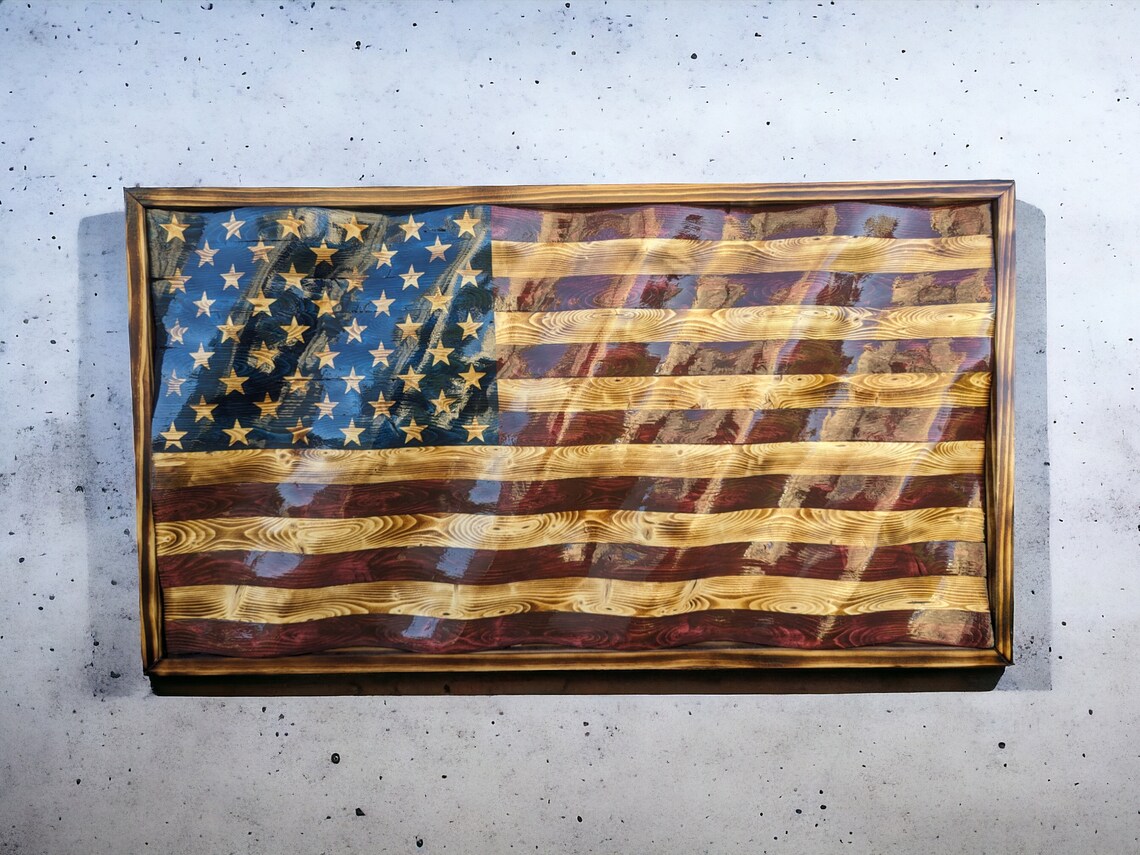 Framed Wavy Wooden US Flag - Etsy