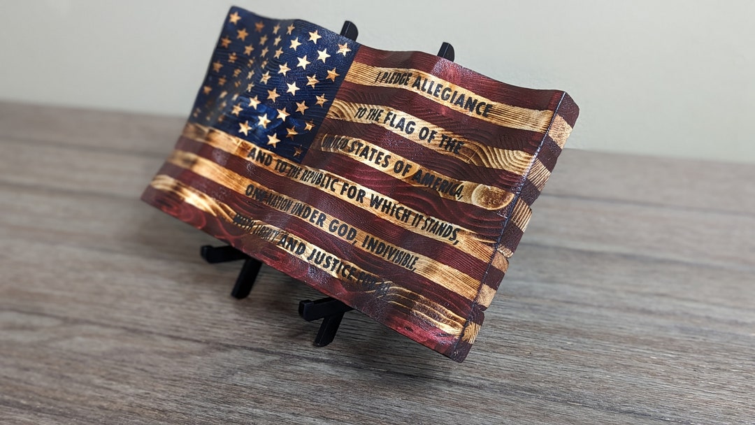 Small US Wavy Flag With Pledge. Stand Included - Etsy