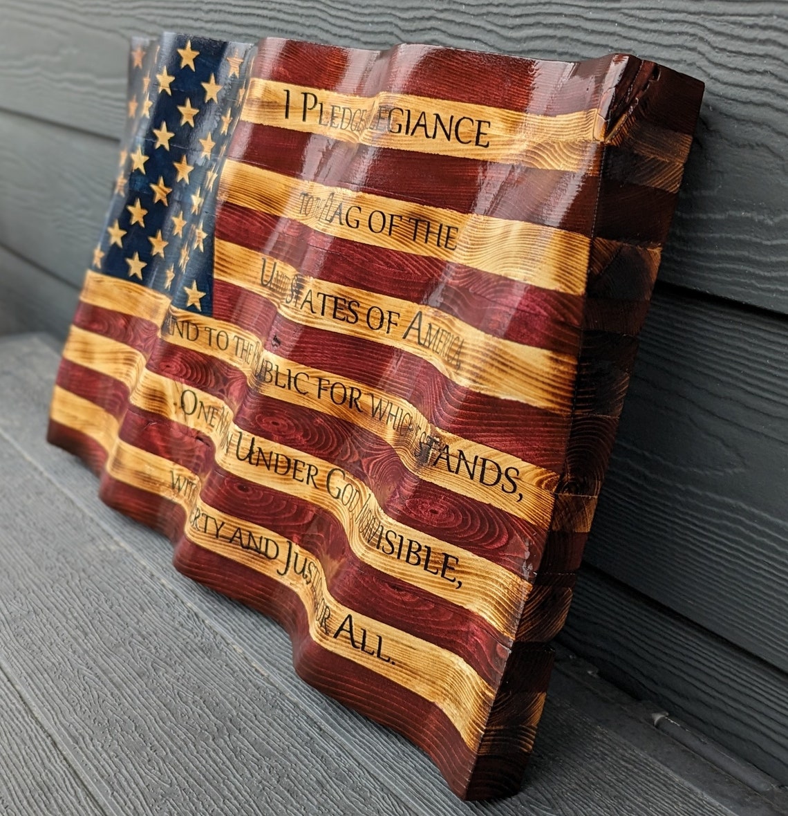 Wavy Wooden Flag With Pledge of Allegiance - Etsy