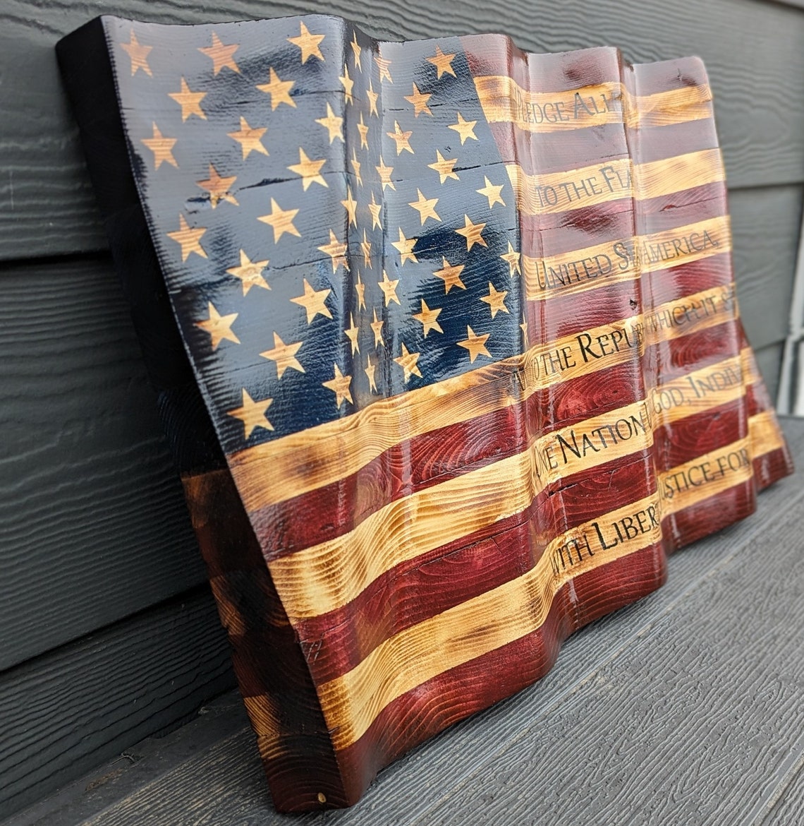 Wavy Wooden Flag With Pledge of Allegiance - Etsy