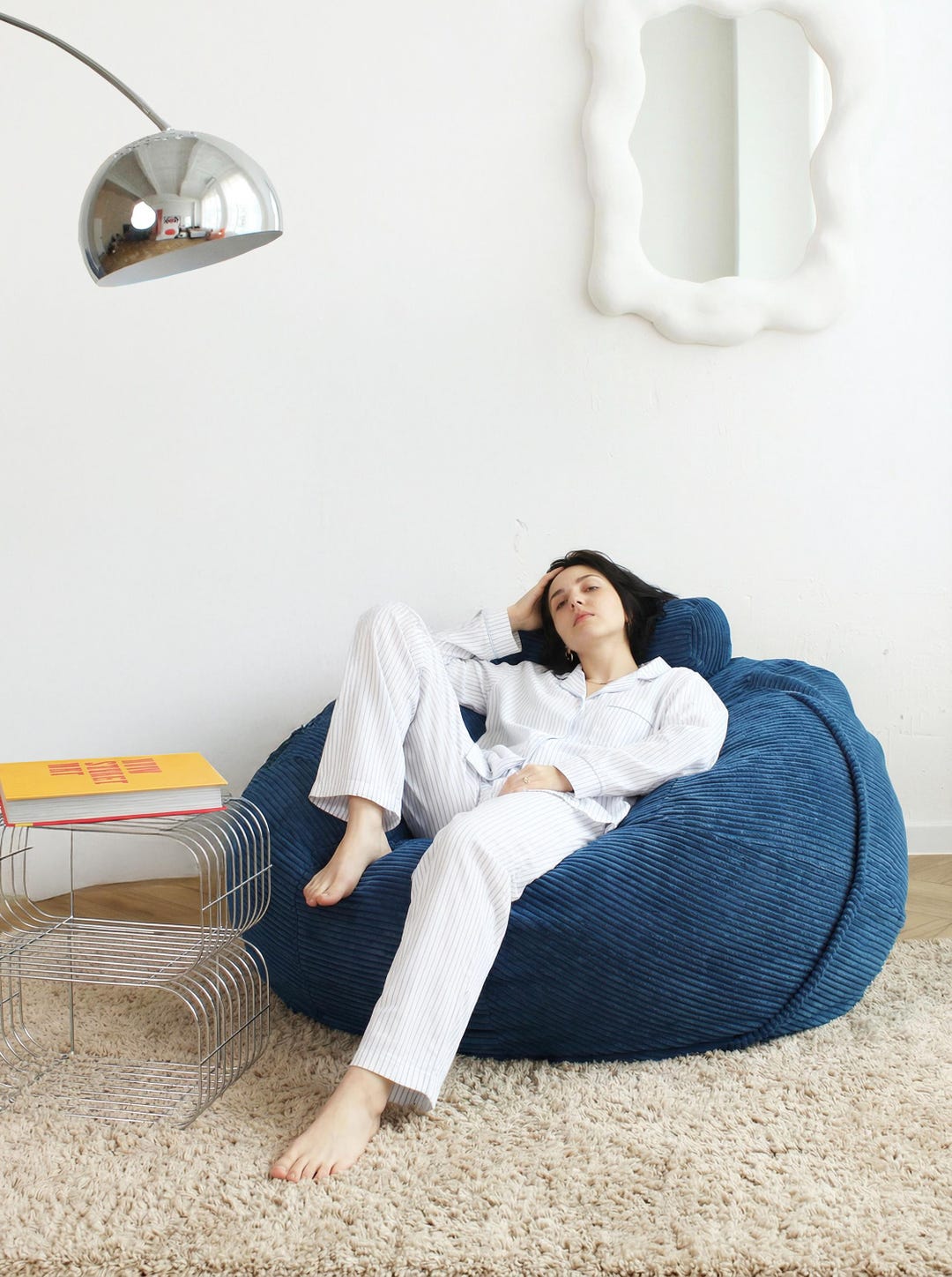 Blue Moroccan Poof Chair, Mid Century Floor Pillow, Frameless Floor ...