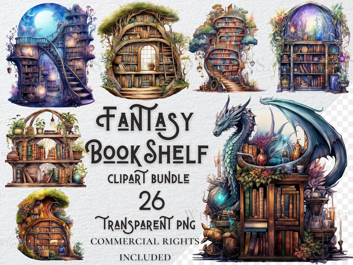 Watercolor Fantasy Bookshelf Clipart Bundle High Quality PNG Digital ...