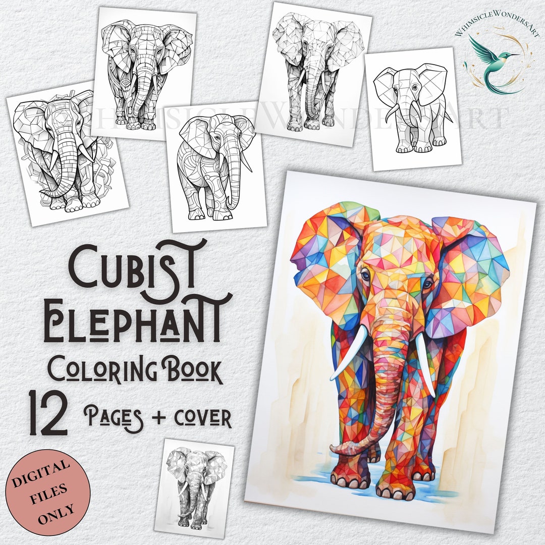 Cubist Elephant Coloring Book Adults Kids Instant Download Grayscale ...