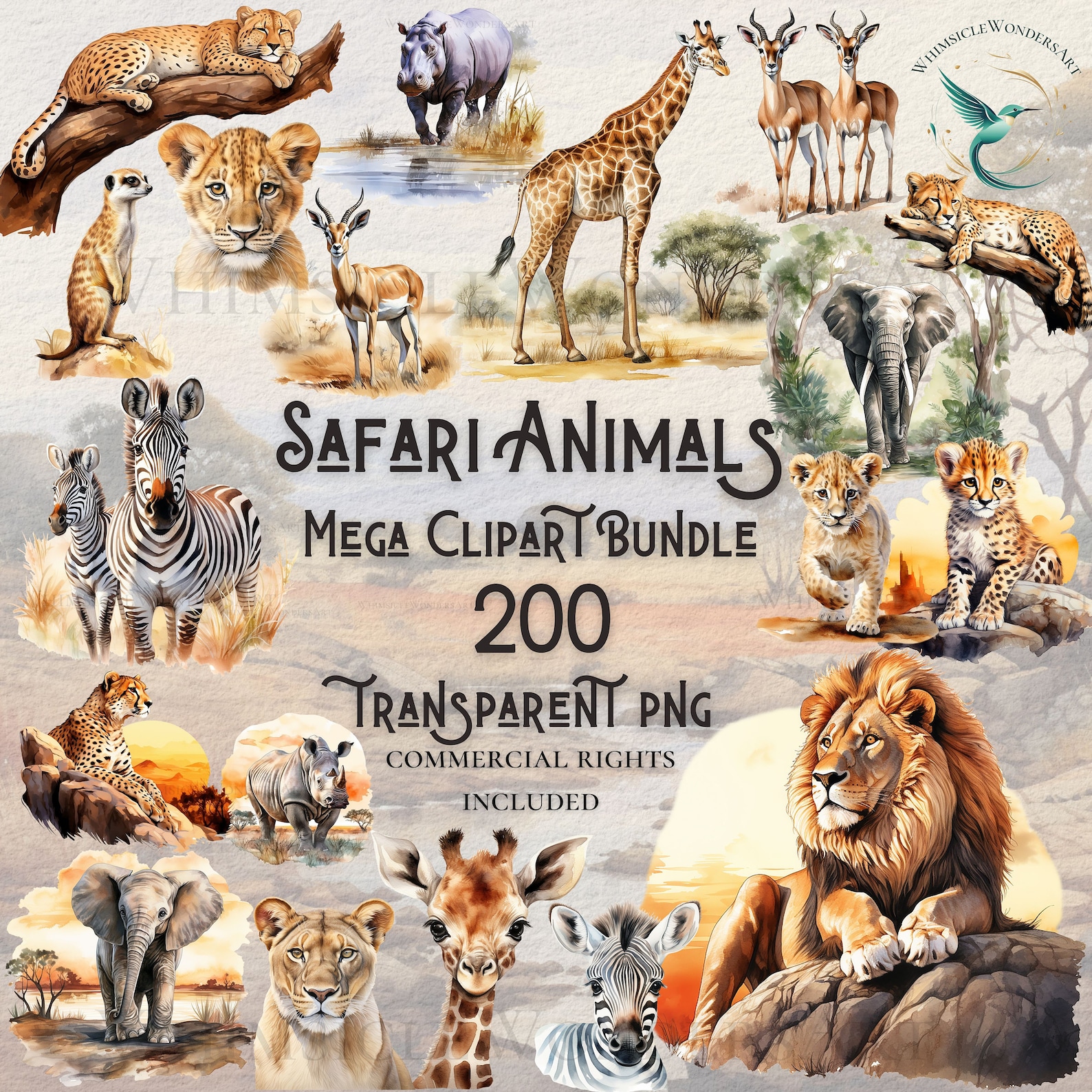 Watercolor Safari Animals Clipart Bundle 200 High Quality PNG Digital ...