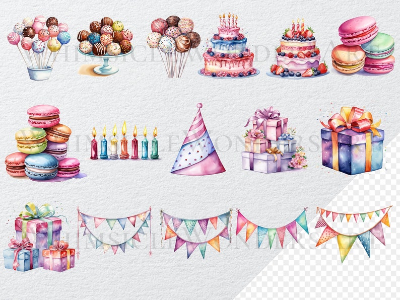 Watercolor Birthday Party Clipart Bundle High Quality PNG Digital ...