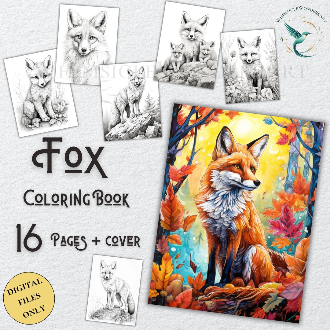 Fox Coloring Book Adults Kids Instant Download Grayscale Coloring Pages ...
