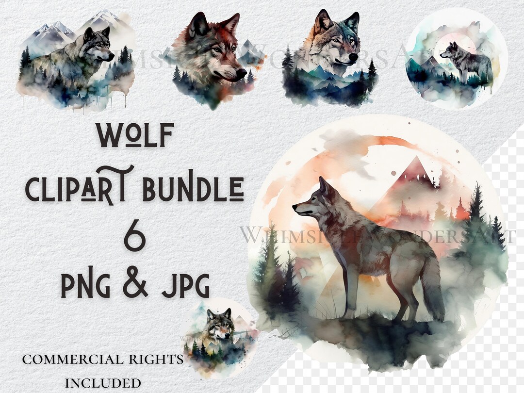Watercolor Wolf Clipart Bundle 6 High Quality PNG Digital Download ...