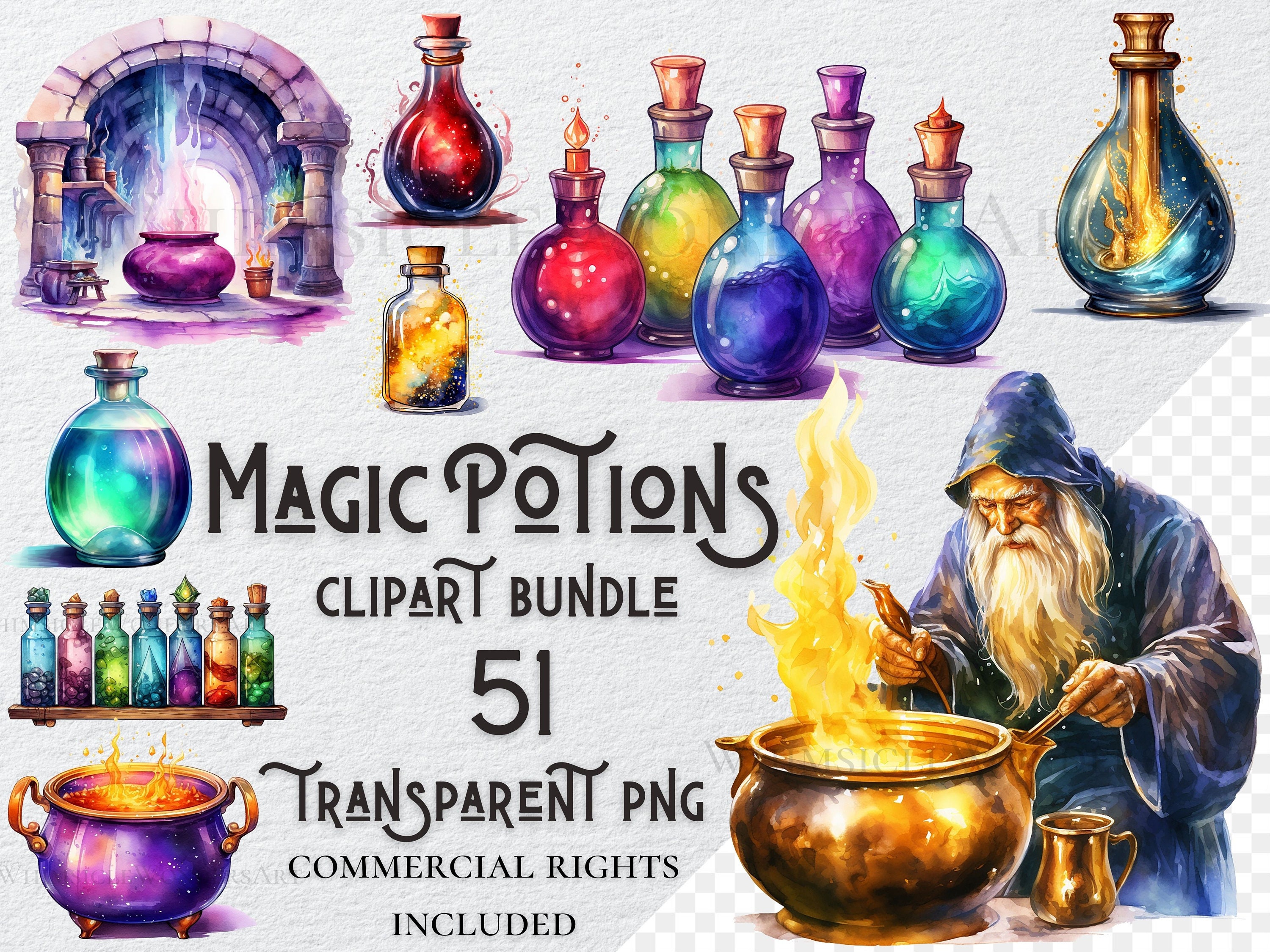 Watercolor Wizard Potions Clipart Bundle High Quality PNG - Etsy