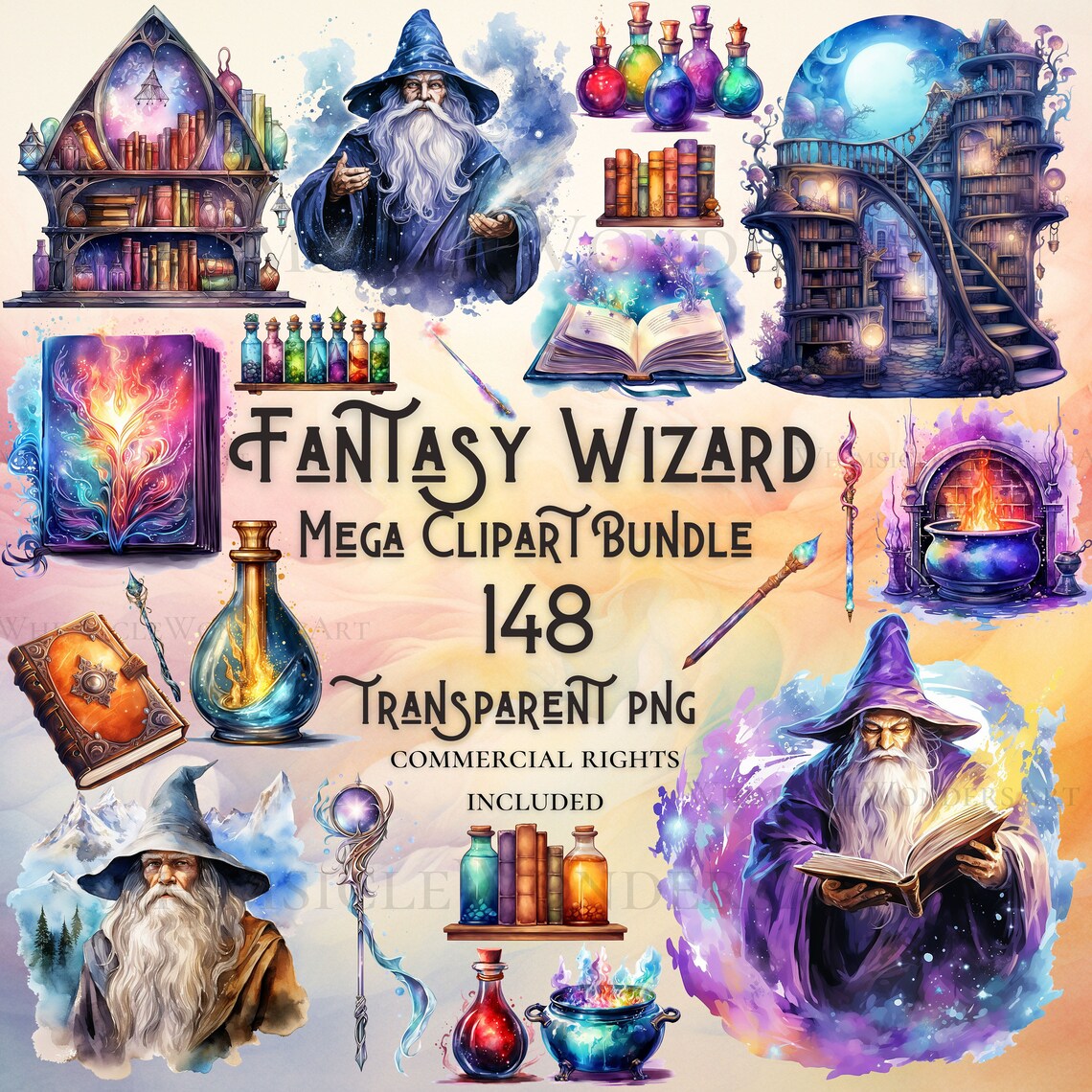 Watercolor Fantasy Wizard Clipart Bundle (148 Pngs) - Commercial Use - Etsy