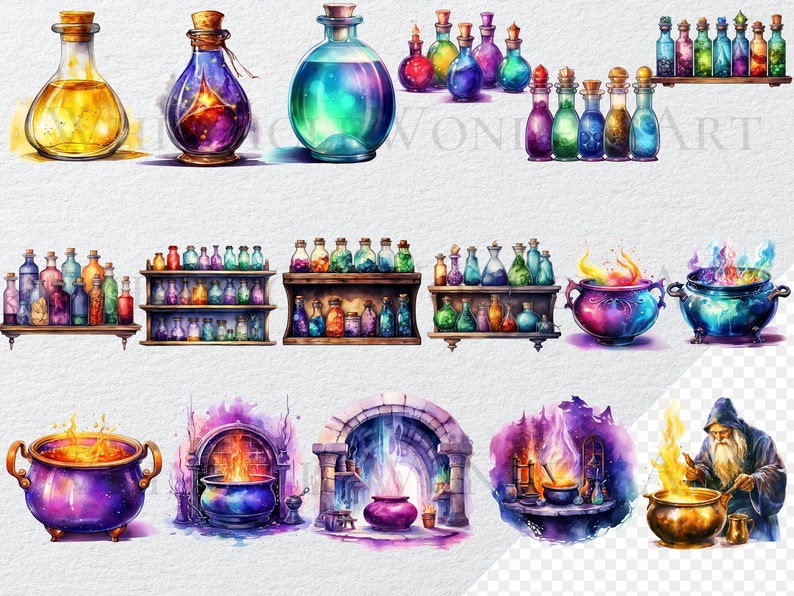 Watercolor Wizard Potions Clipart Bundle, Fantasy PNG Images (digital ...