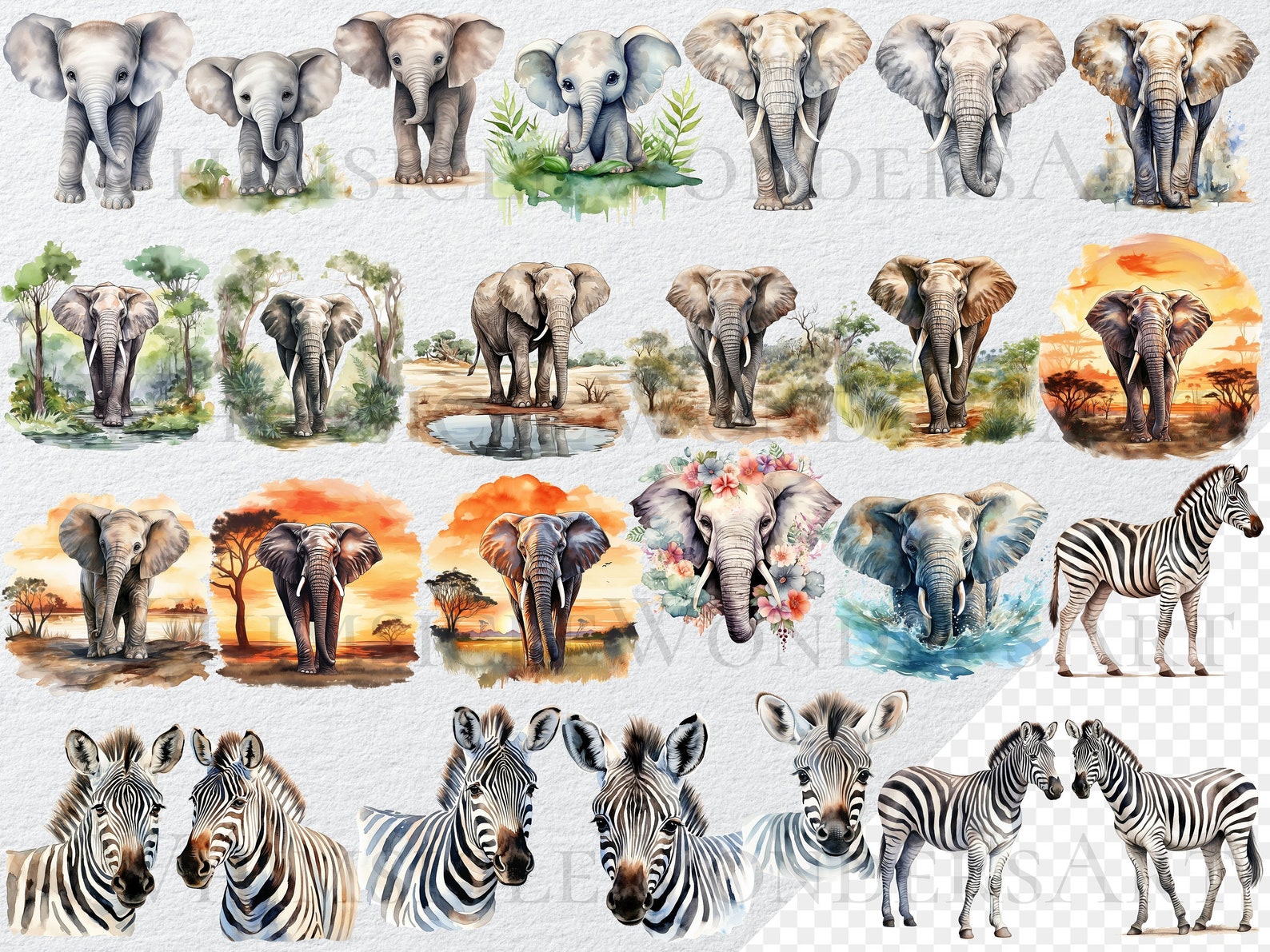 Watercolor Safari Animals Clipart Bundle 200 High Quality PNG Digital ...