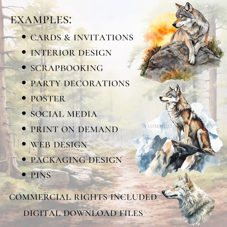 Watercolor Wolf Clipart Bundle: 50 PNG Images, Commercial Use (digital ...